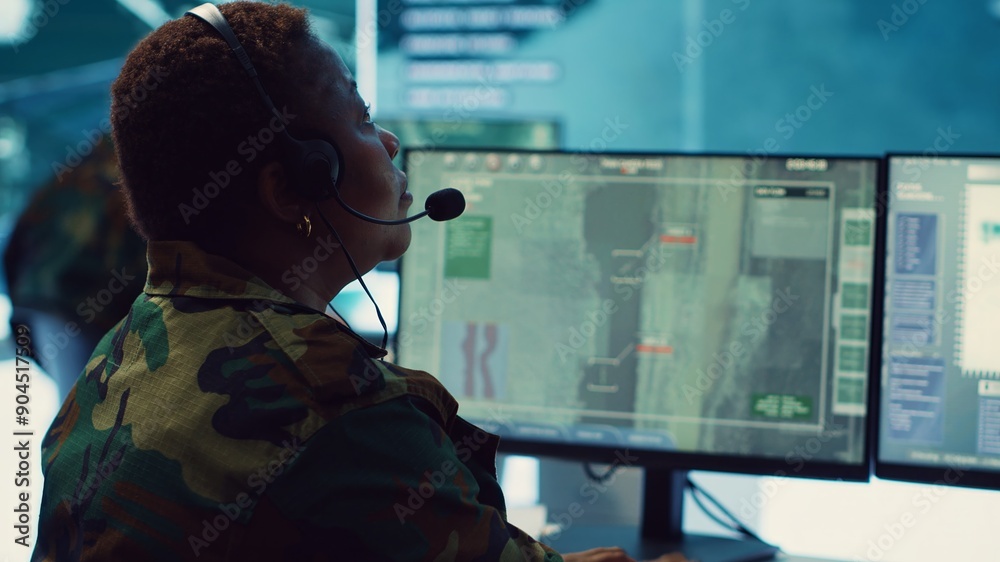 Female army operator registers important information from military ...