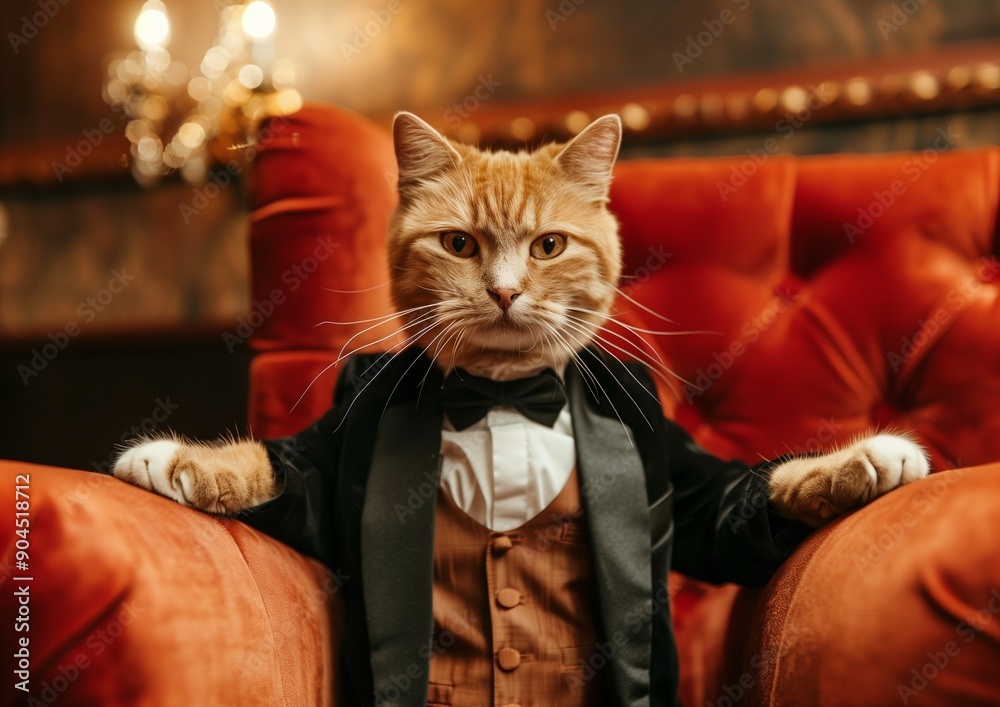 Elegant Orange Cat Wearing a Tuxedo Sitting on a Luxurious Chair in a ...
