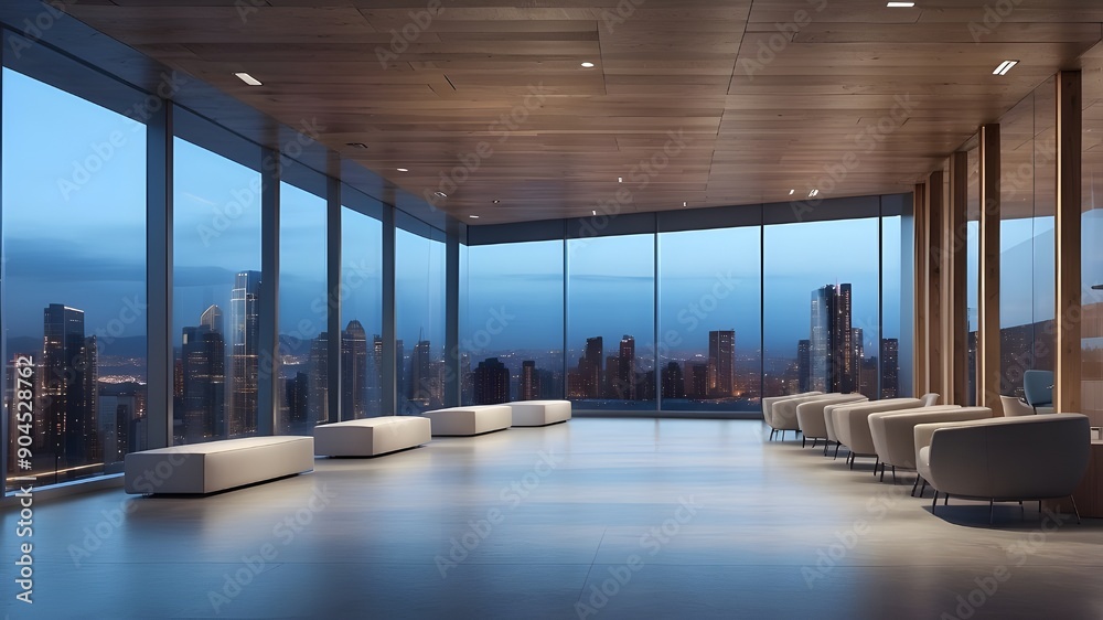 Inside, a contemporary glass office hall with windows overlooking the ...