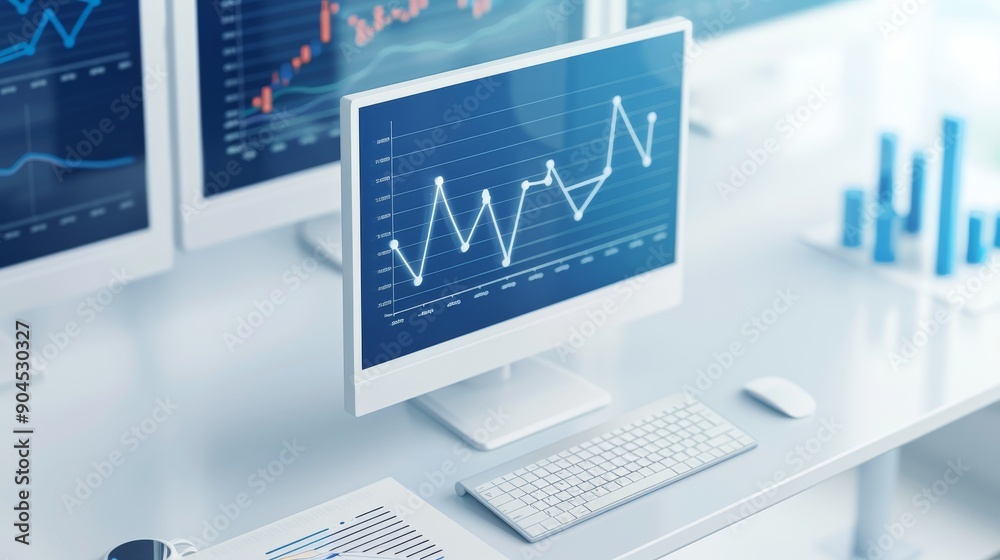 Detailed economic research office showing arrows from business ...