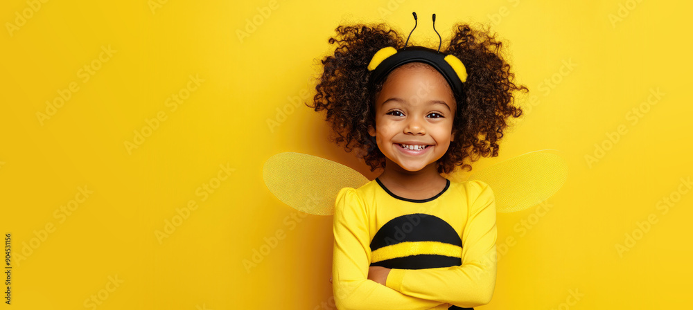 Cute Girl Dressed as a Bumble Bee for Halloween on an Yellow Background ...