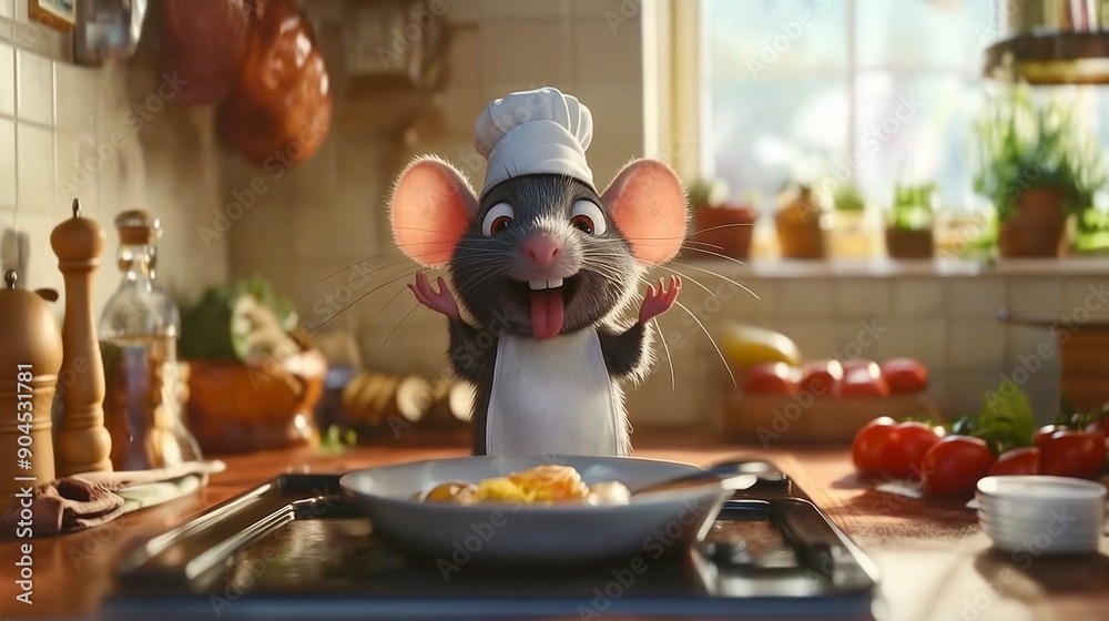 Rat cook cooks food in the kitchen. Cartoon cute funny mouse. Children ...