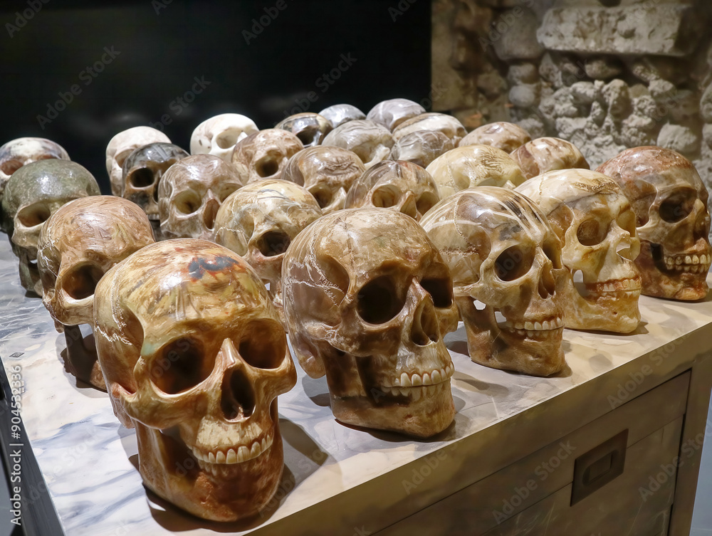 A row of skulls are lined up on a table. The skulls are all different ...