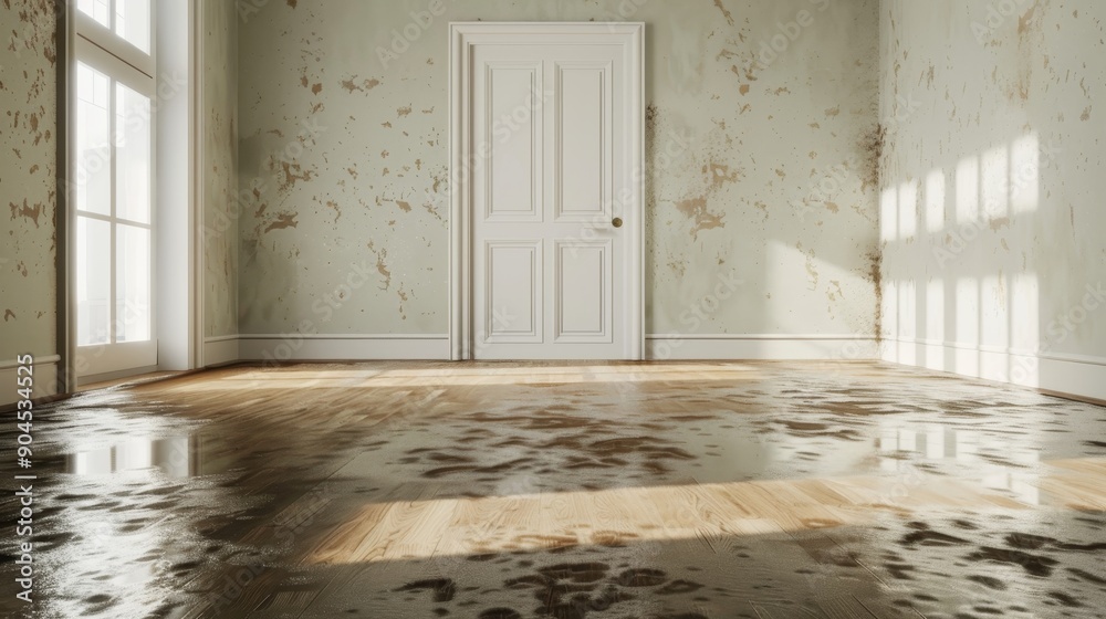 Realistic portrayal of an old house interior with severe water damage ...