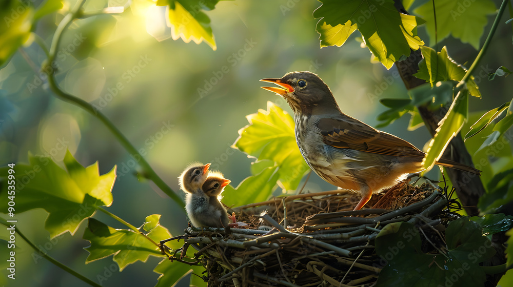 Tender Nurturing: Mother Bird Feeds Her Chick Amidst Lush Green Foliage ...