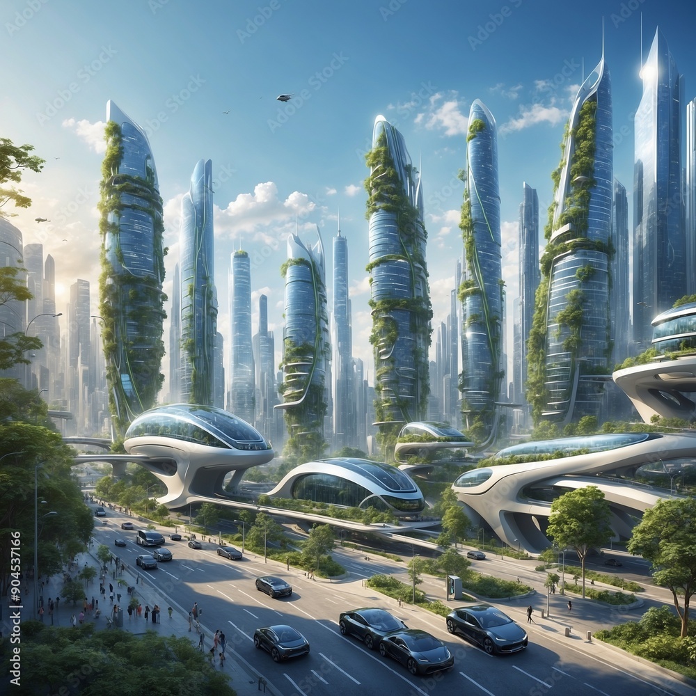 futuristic smart city concept, with sustainable buildings, electric ...