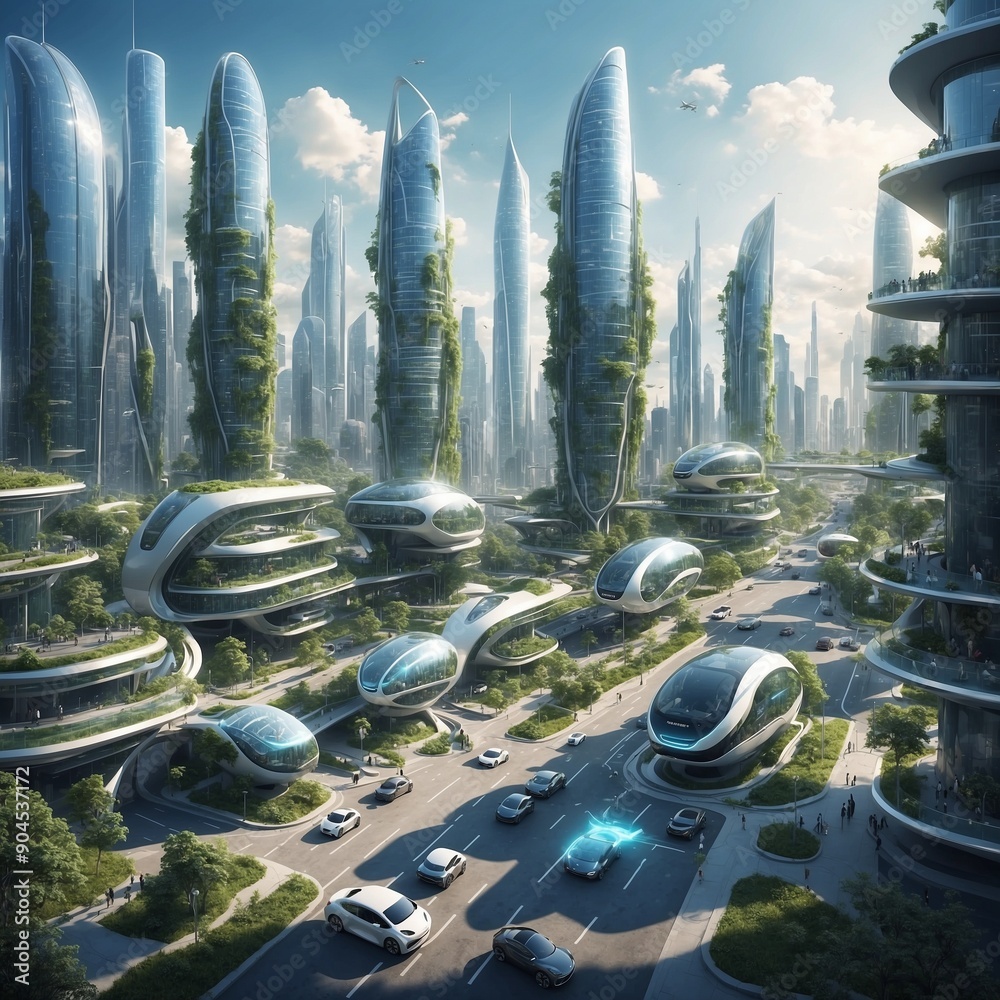 futuristic smart city concept, with sustainable buildings, electric ...
