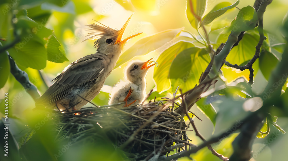 Tender Nurturing: Mother Bird Feeds Her Chick Amidst Lush Green Foliage ...