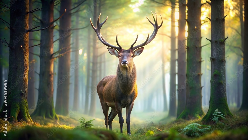 Majestic noble stag standing as antlered guardian in forest clearing ...