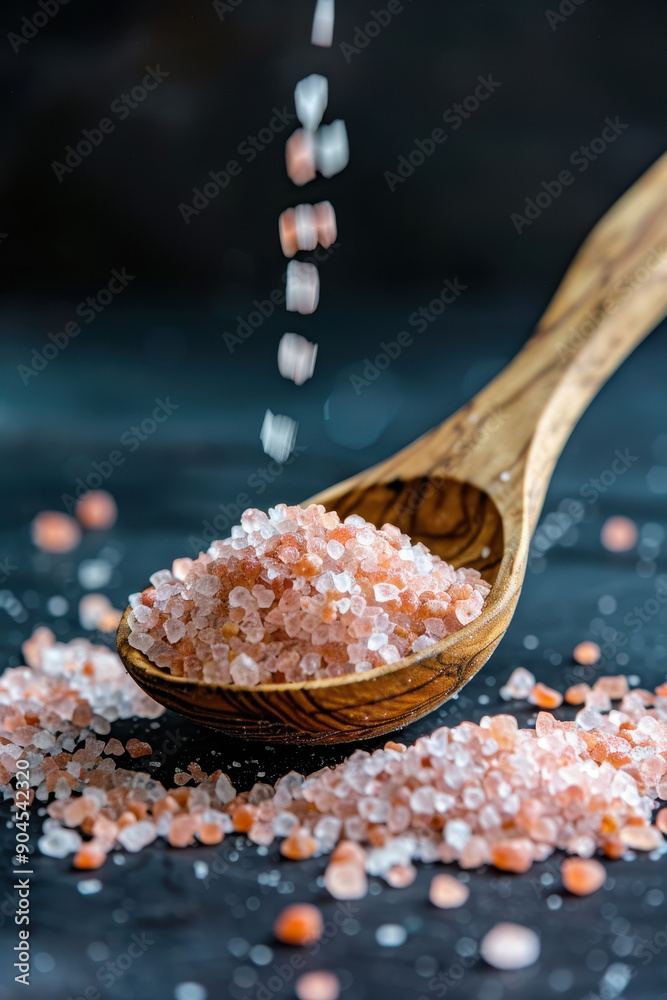 A spoonful of salt is on a table. The salt is in a pile and the spoon ...