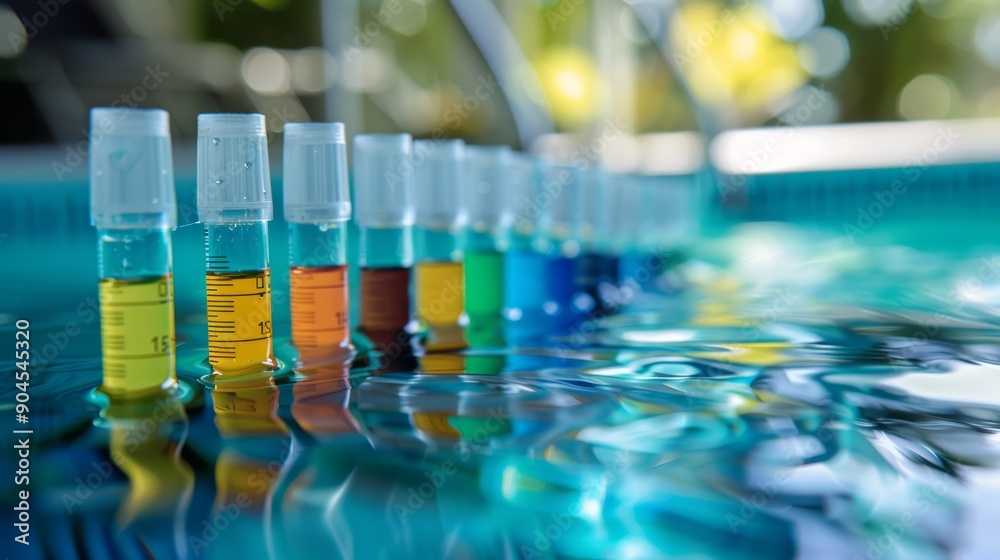 Colorful pool test strips float in water, measuring chemical levels for ...
