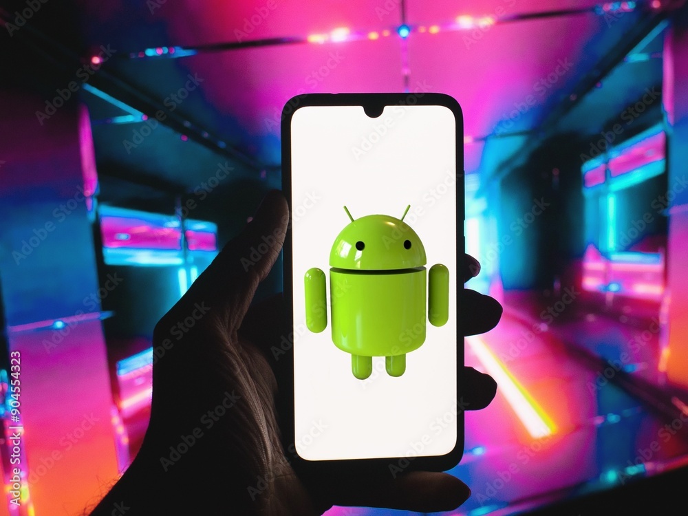 Photographic illustration of the Andoid logo is displayed on the screen ...