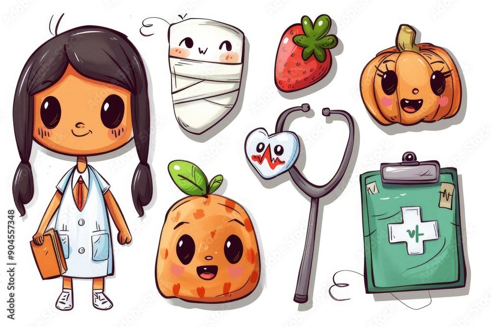 Cute Cartoon Characters in a Medical Setting Stock Illustration | Adobe ...