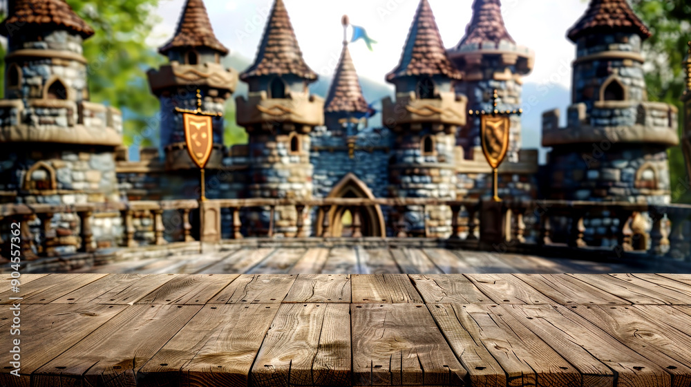 Medieval castle with turrets and flags viewed from a wooden platform ...