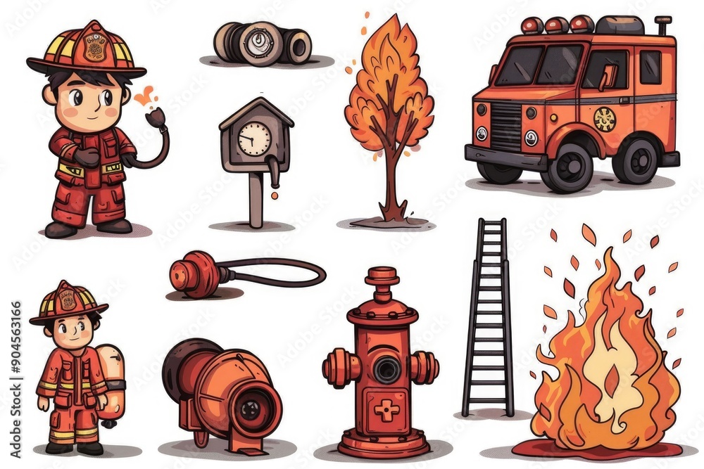 Cartoon Firefighter and Firefighting Equipment Clipart Set Stock ...