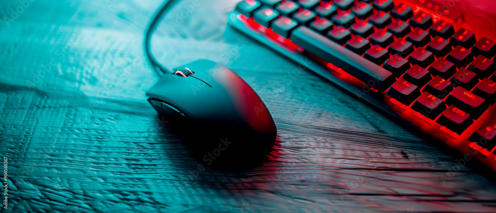 A sleek gaming mouse and RGB keyboard on a wooden desk, illuminated ...
