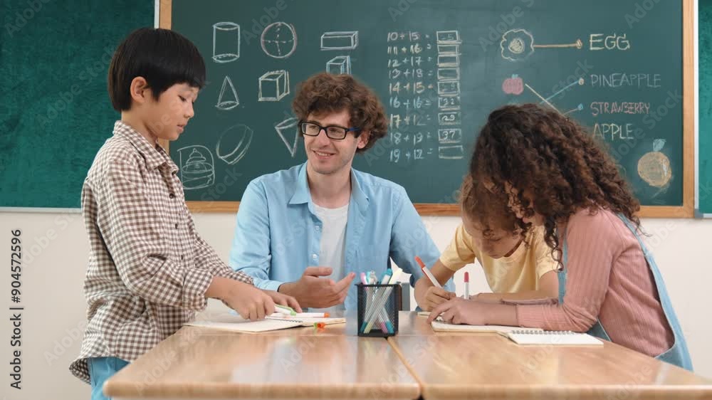 Smart teacher explain idea while diverse children drawing mind map ...