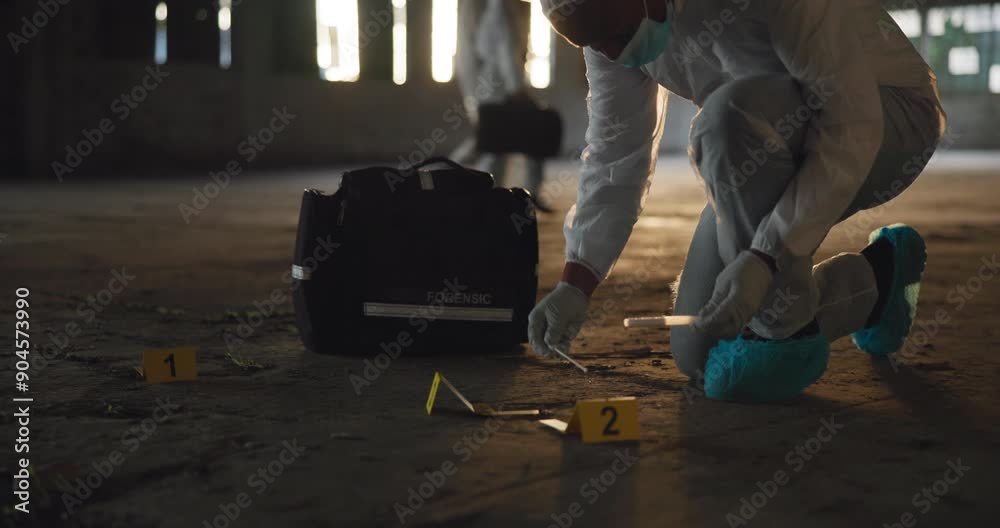 Night, crime scene and person with forensic evidence for investigation ...