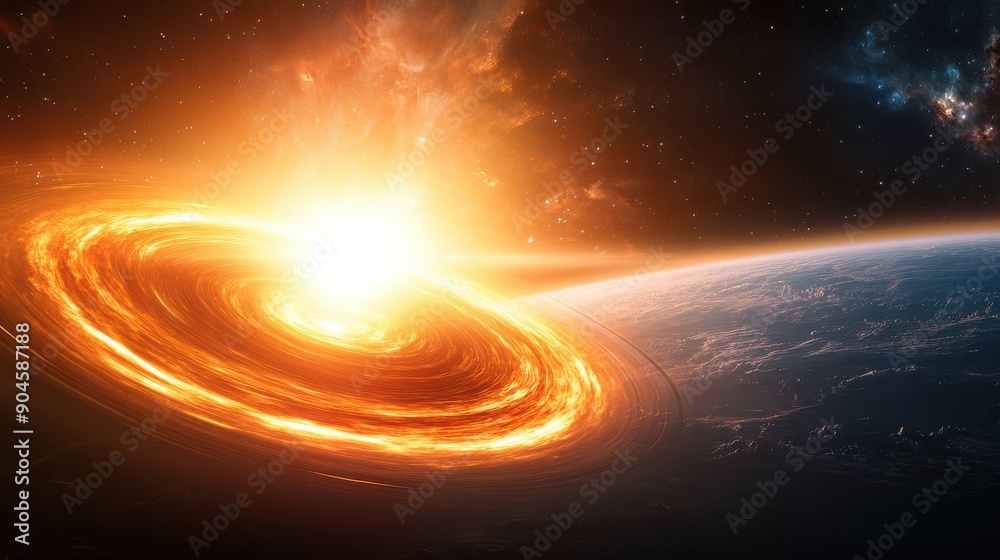 A CGI visualization of a black hole warping space-time, with a ...