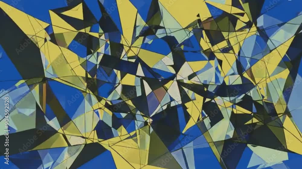 a Cubism-inspired backdrop with intersecting planes and angular forms ...