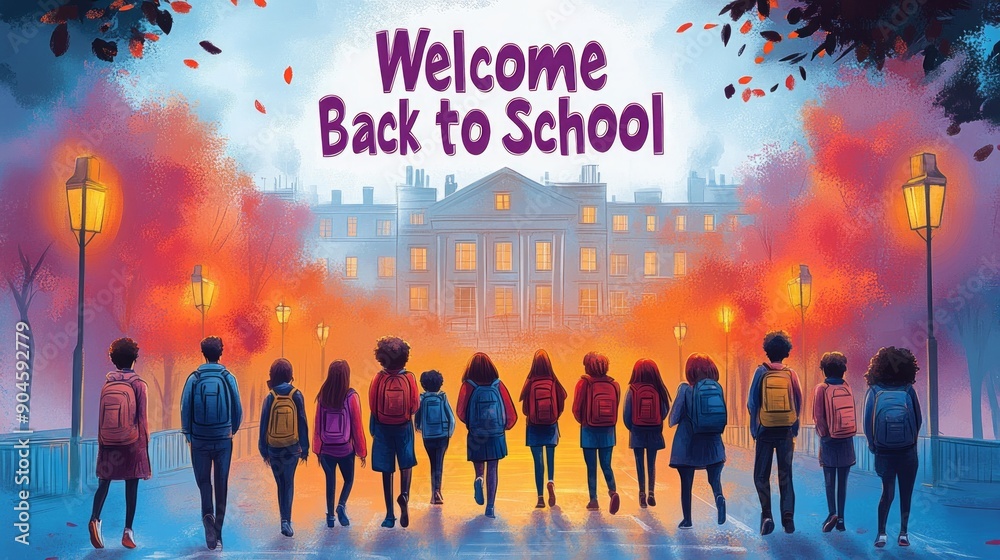 Back to school concept illustration students walking to school together ...