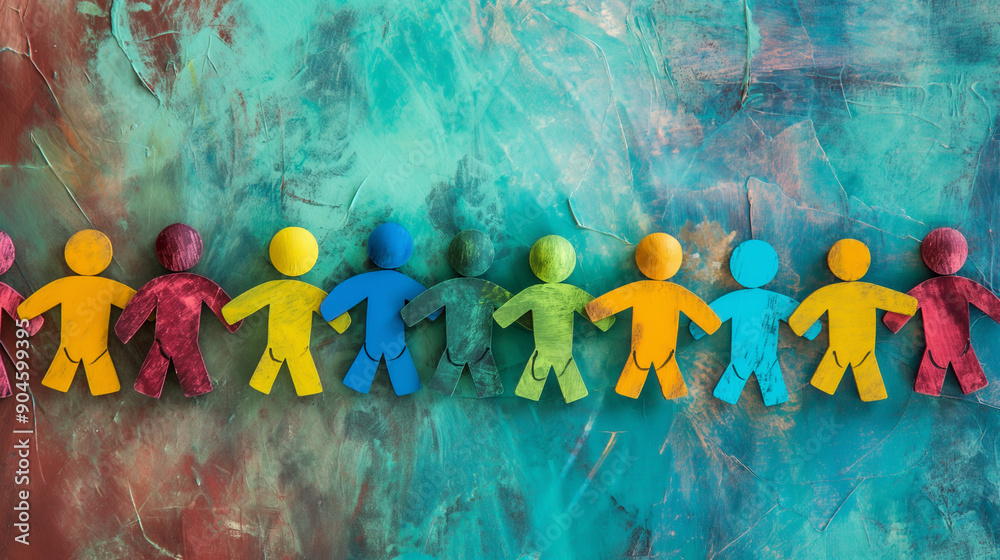 Colorful Unity: A row of colorful wooden figures, each with a unique ...