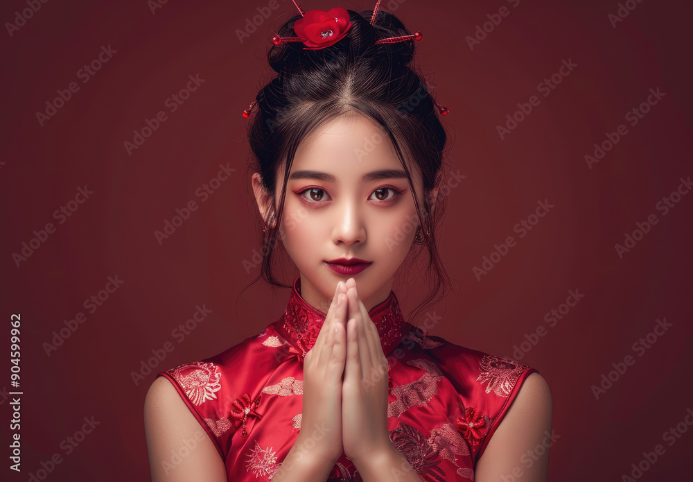 A beautiful Chinese girl in red cheongsam, with delicate makeup and ...