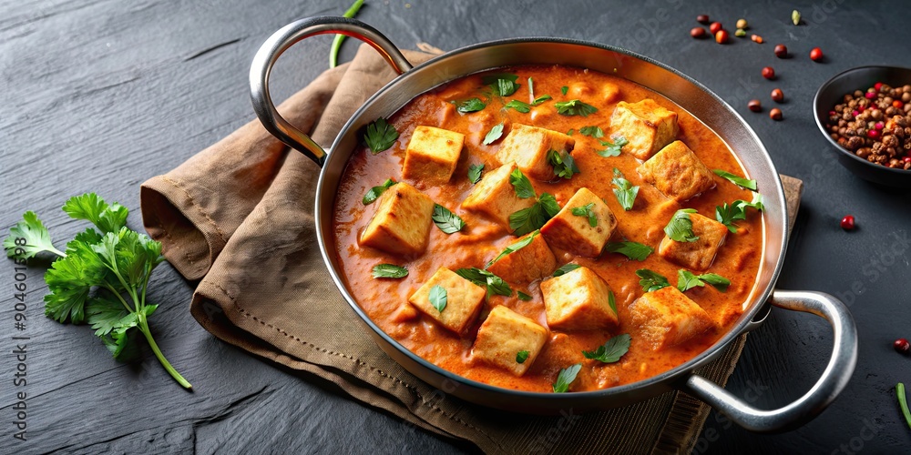 Paneer Tikka Masala served in a traditional looking pan, Indian cuisine ...