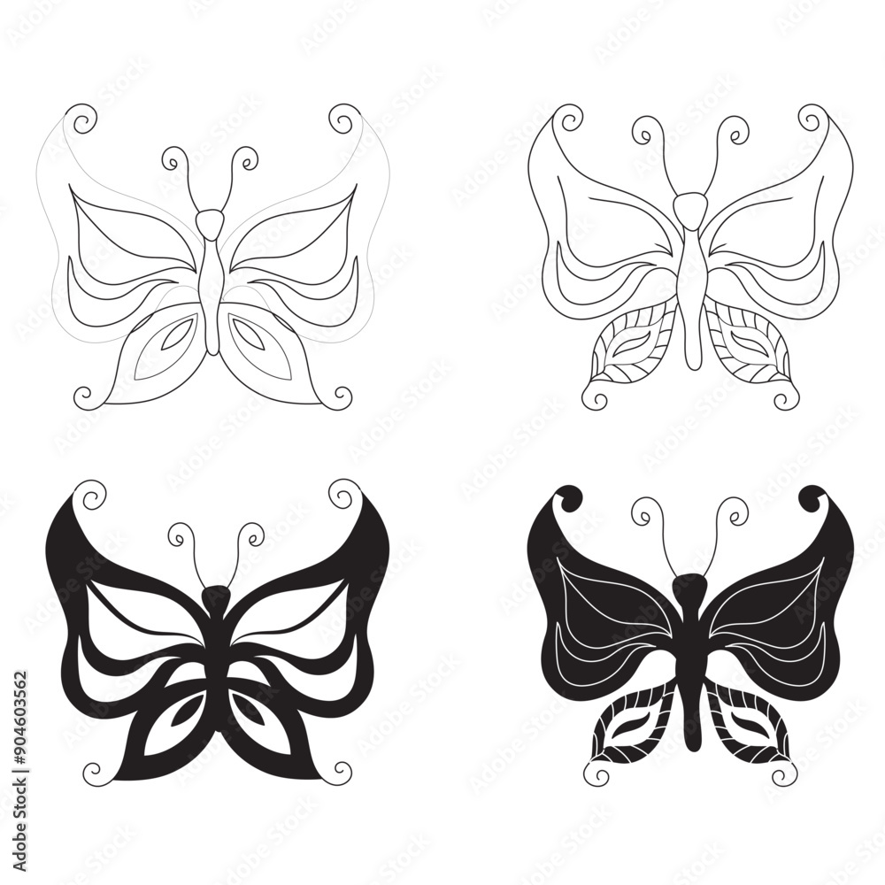 Simple butterflies. Small set in two styles, doodle and silhouette ...