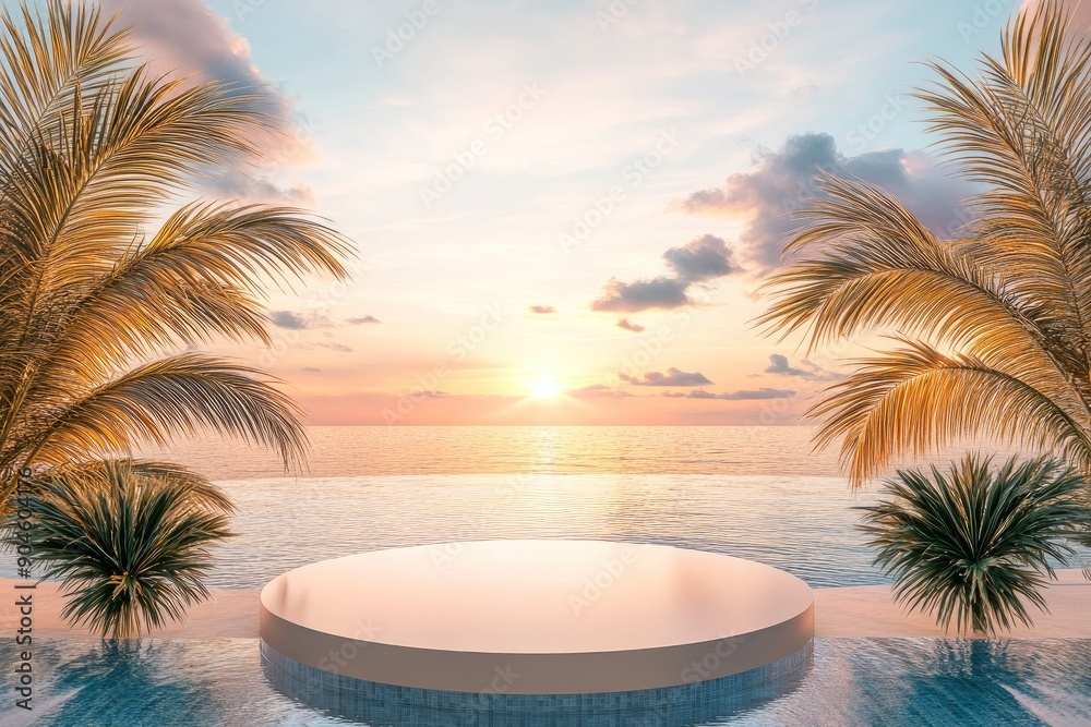 Podium stand in luxury swimming pool water with sea and sunset view ...