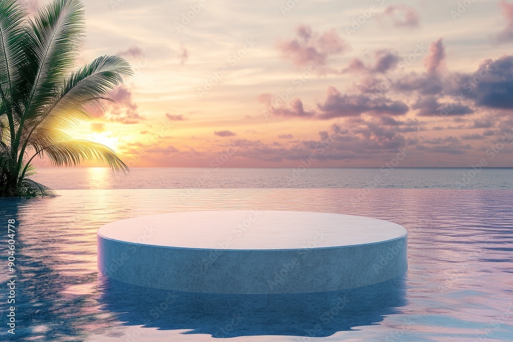Podium stand in luxury swimming pool water with sea and sunset view ...
