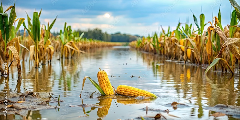 Flooded corn field with yellow ears damaged by mold, mud and water ...