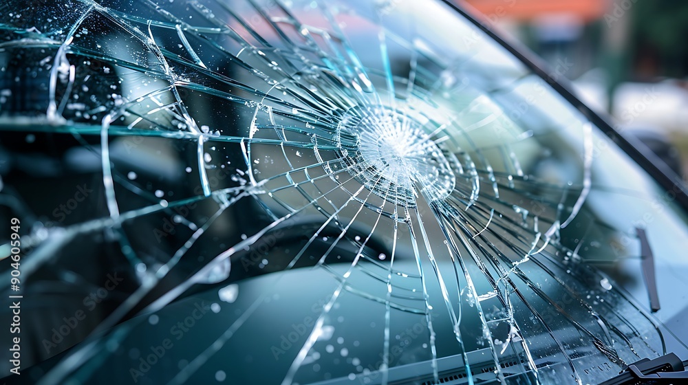 Detailed view of a car windshield with visible cracks and shattered ...