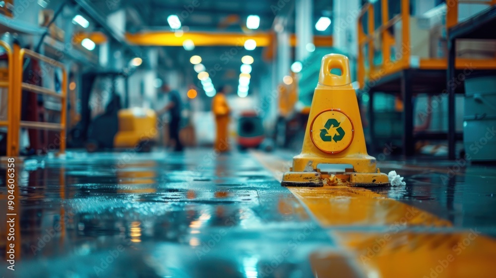 Foto de Caution cone warning of slippery conditions in industrial area ...