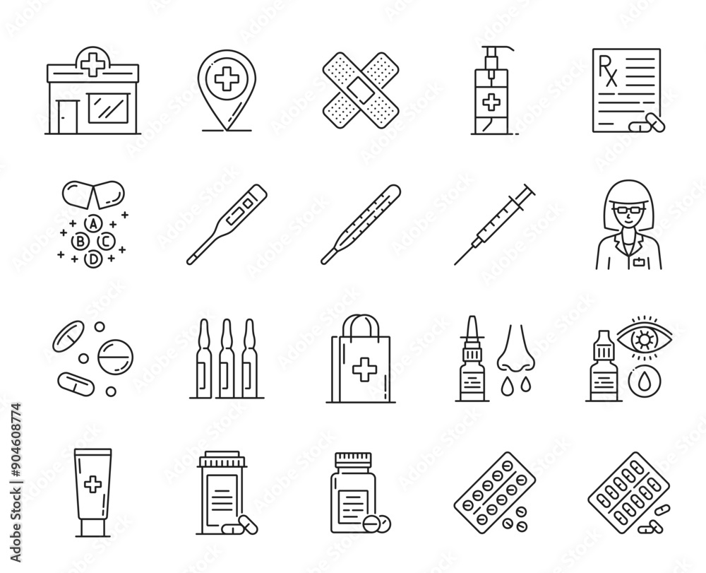 Pharmacy line icons of health and medical symbols, pills and medicines ...
