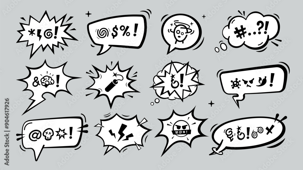 Swear speech bubbles, comic aggressive expletive curse, hate angry talk ...
