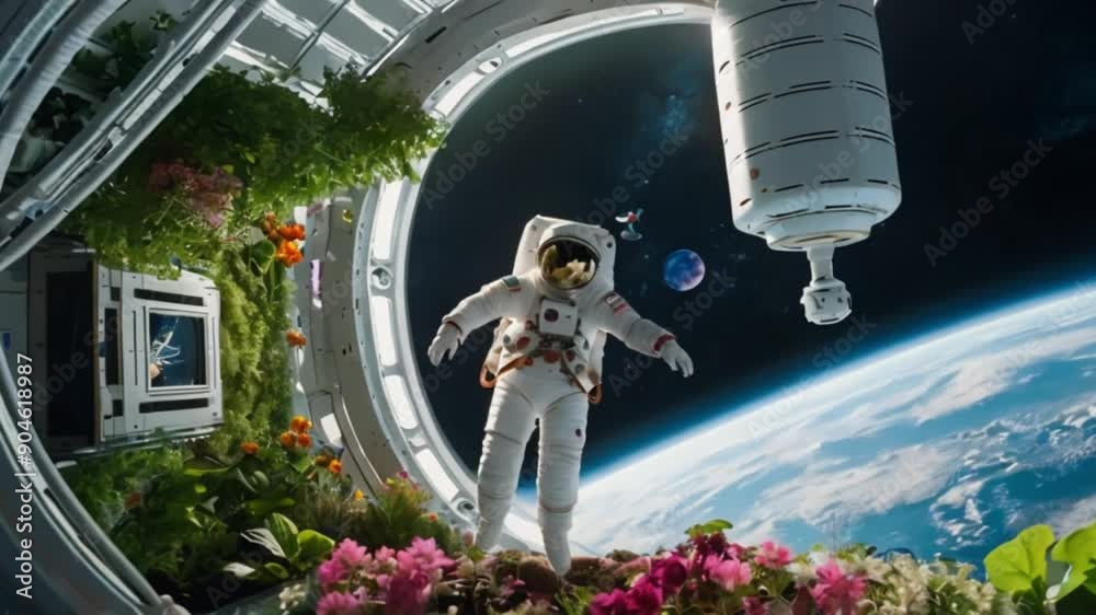 A whimsical space habitat with floating gardens, zero-gravity ...