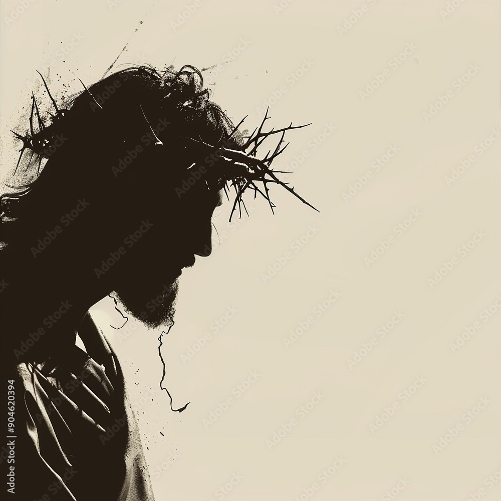 A graceful silhouette of Jesus with a crown of thorns against a simple ...