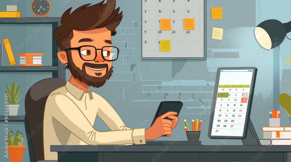 Cartoon vector office worker checking dates and appointments on a ...