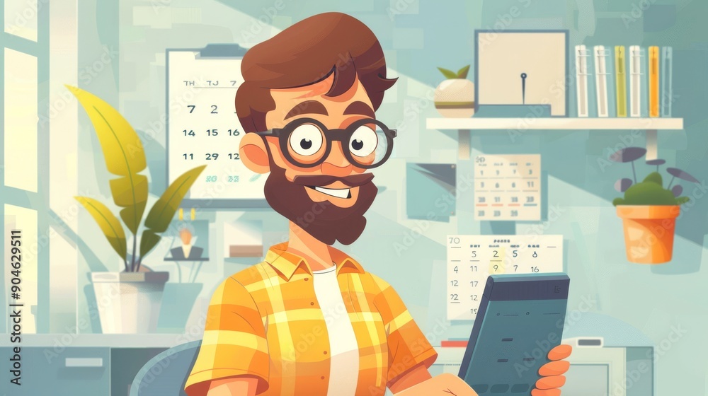 Cartoon vector office worker checking dates and appointments on a ...