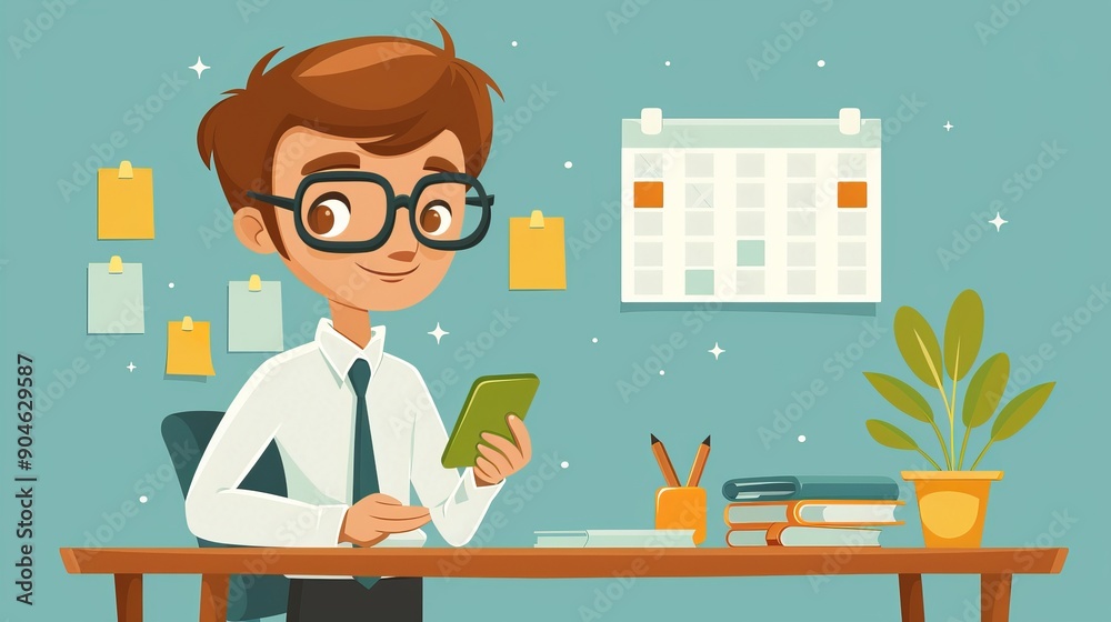 Cartoon vector office worker checking dates and appointments on a ...