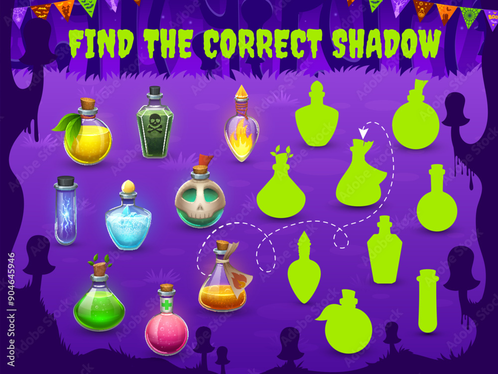Find the correct shadow of witch potion bottles. Similarity search ...