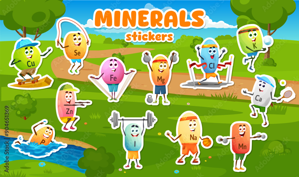 Cartoon micronutrients and minerals character stickers, fitness sport ...