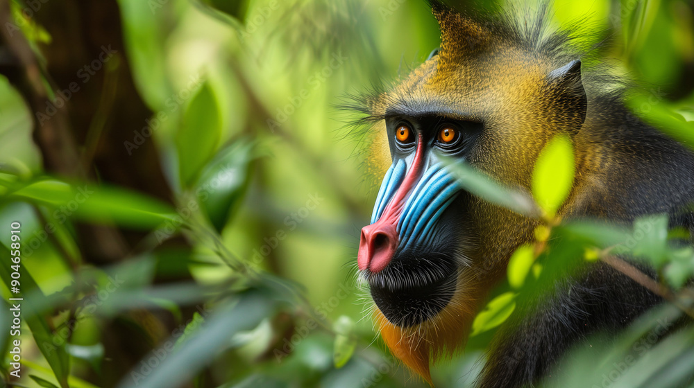 Colorful mandrill resting in the dense rainforests of West Africa, its ...