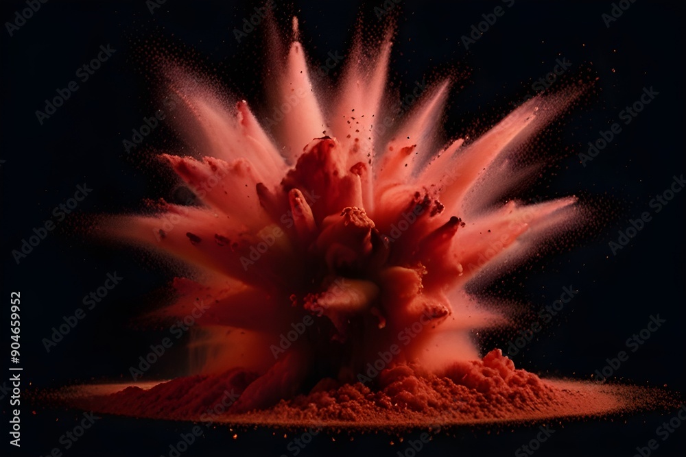 Red color powder explosion on black background. Freeze motion of red ...