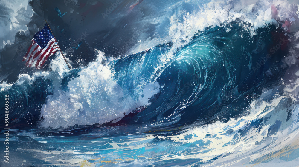 Powerful and exaggerated depiction of a huge ocean wave, with the ...