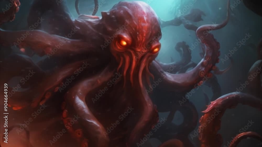 Hyper-realistic Illustration Of A Kraken, an octopus with tentacles is depicted in a realistic ...