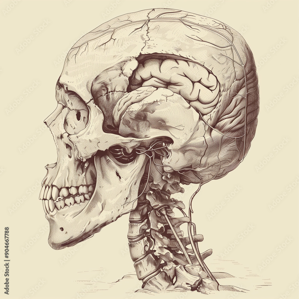 Human skeleton face anatomy with brain, teeth, jaw and nerves. Copy ...