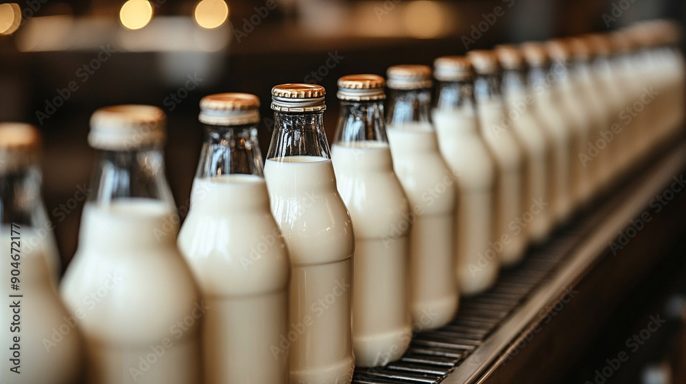 industrial milk bottling line, showcasing automated machinery in a ...