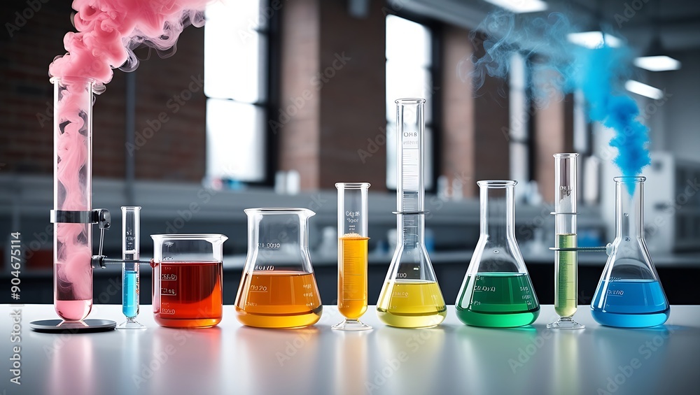 Seven beakers with colorful liquids suitable for science, education ...